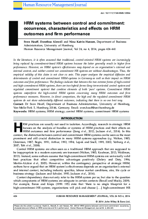 (PDF) HRM systems between control and commitment: occurrence, characteristics and effects on HRM ...