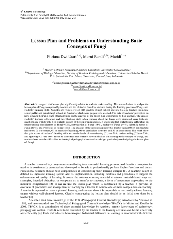 (PDF) Lesson Plan and Problems on Understanding Basic Concepts of Fungi (PDF) Lesson Plan and Problems on Understanding Basic Concepts of Fungi