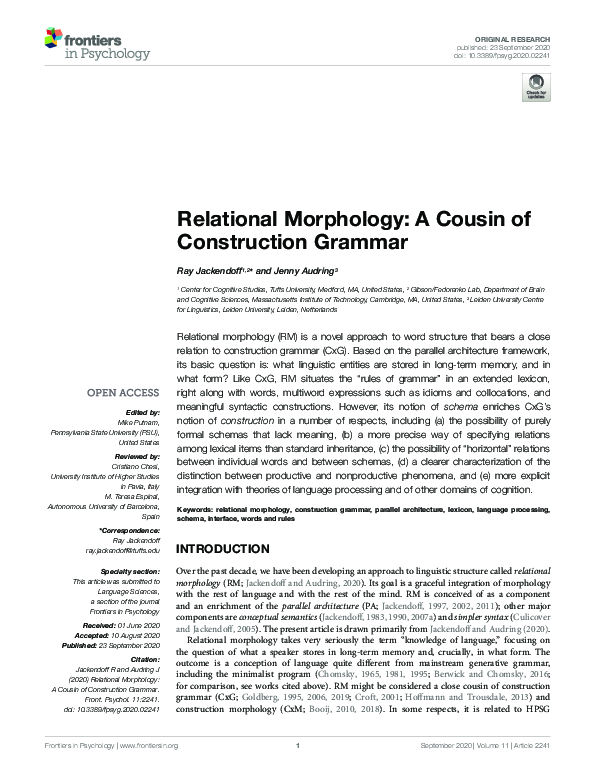 (PDF) Relational Morphology: A Cousin of Construction Grammar | Ray ...