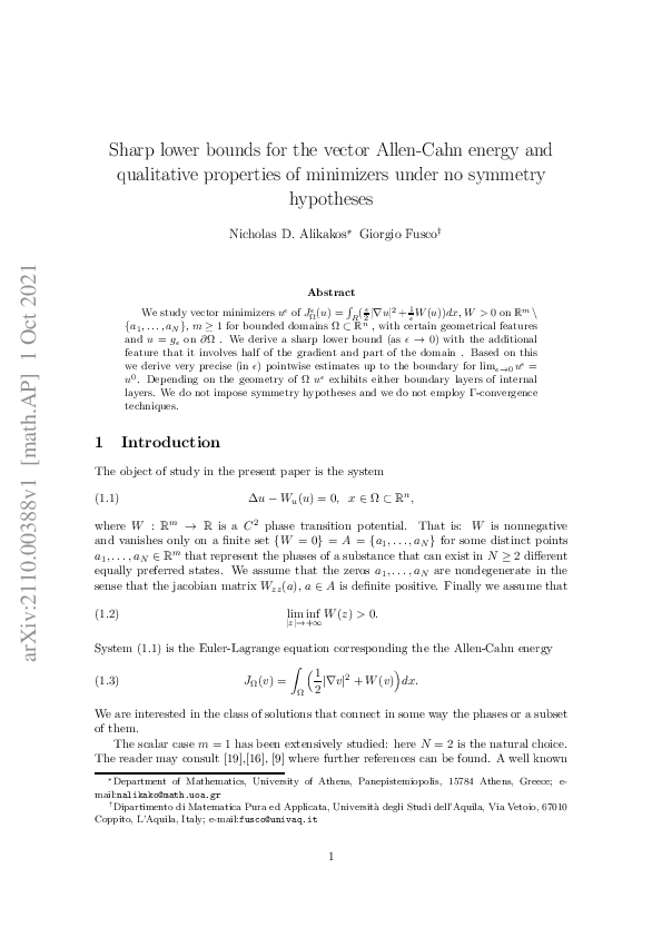(PDF) Sharp lower bounds for vector Allen-Cahn energy and qualitative properties of minimizes ...