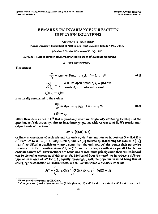(PDF) Remarks on invariance in reaction- diffusion equations