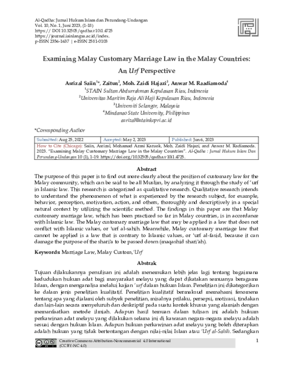 (PDF) Examining Malay Customary Marriage Law in the Malay Countries: An ...