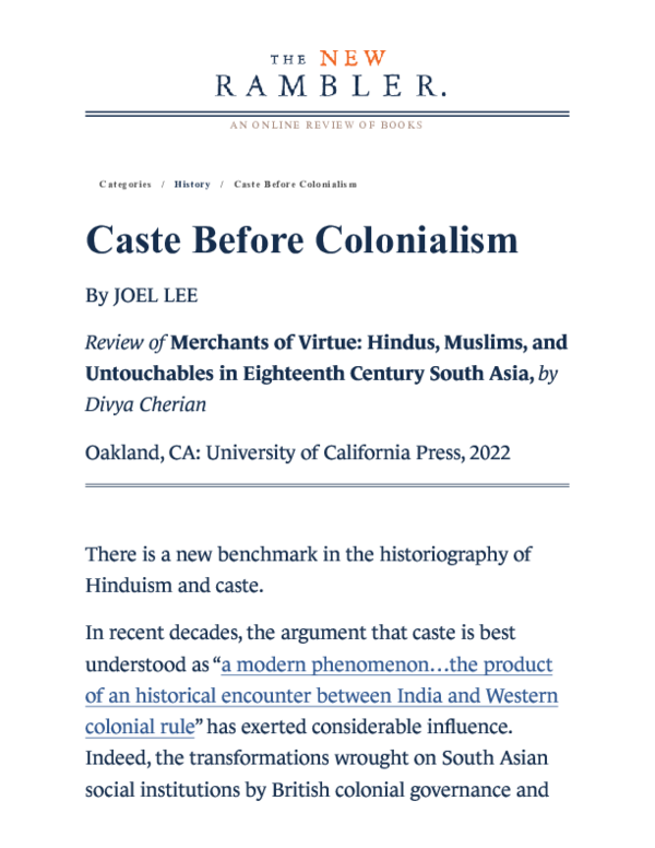 (PDF) Caste Before Colonialism (Review of Divya Cherian's Merchants of ...