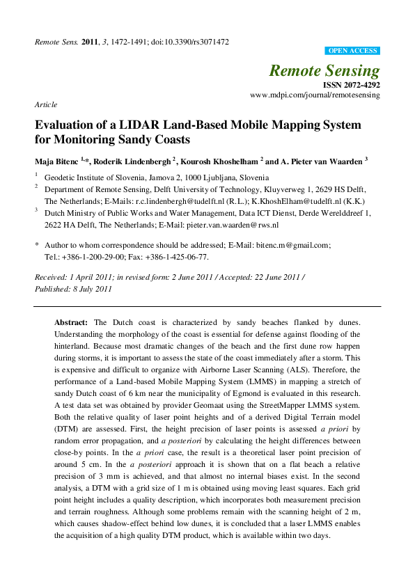 (PDF) Evaluation of a LIDAR Land-Based Mobile Mapping System for Monitoring Sandy Coasts