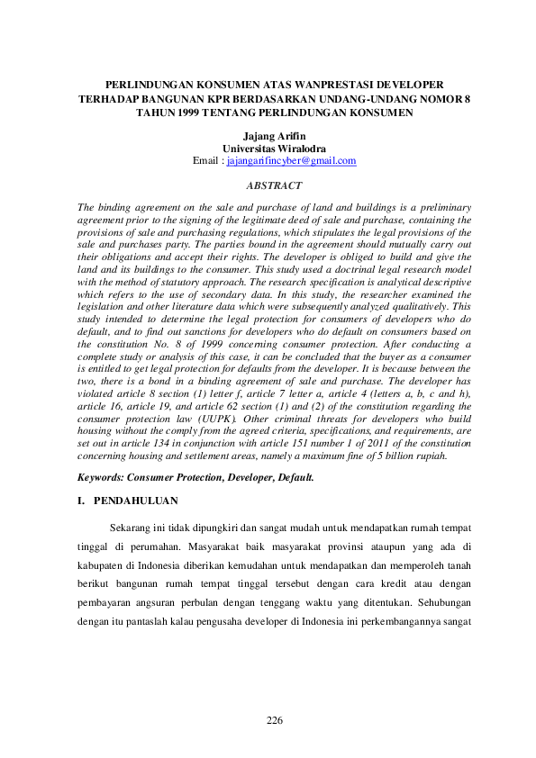 (PDF) Perlindungan Konsumen Atas Wanprestasi Developer Terhadap ...