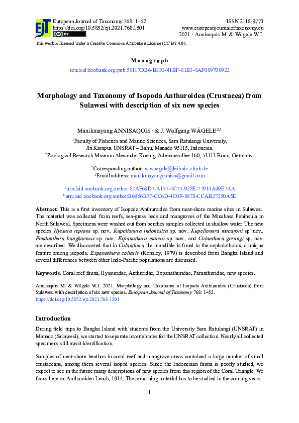 (PDF) Morphology and Taxonomy of Isopoda Anthuroidea (Crustacea) from ...