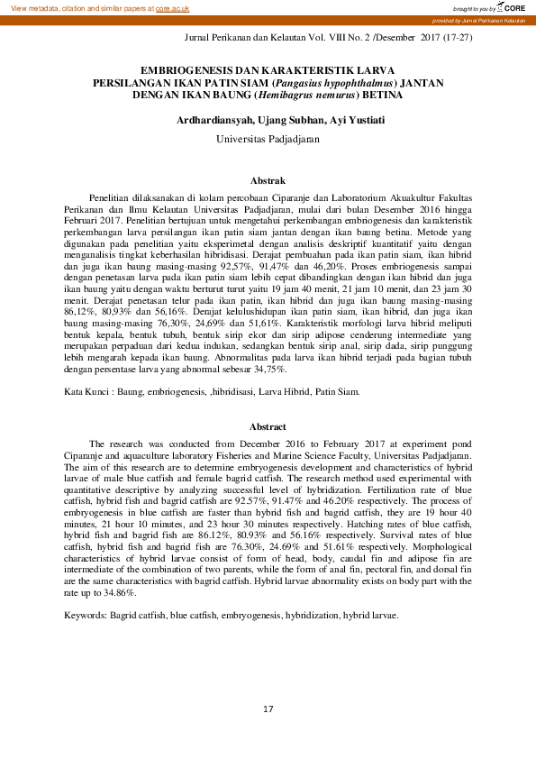 (PDF) EMBRIOGENESIS DAN KARAKTERISTIK LARVA PERSILANGAN IKAN PATIN SIAM ...