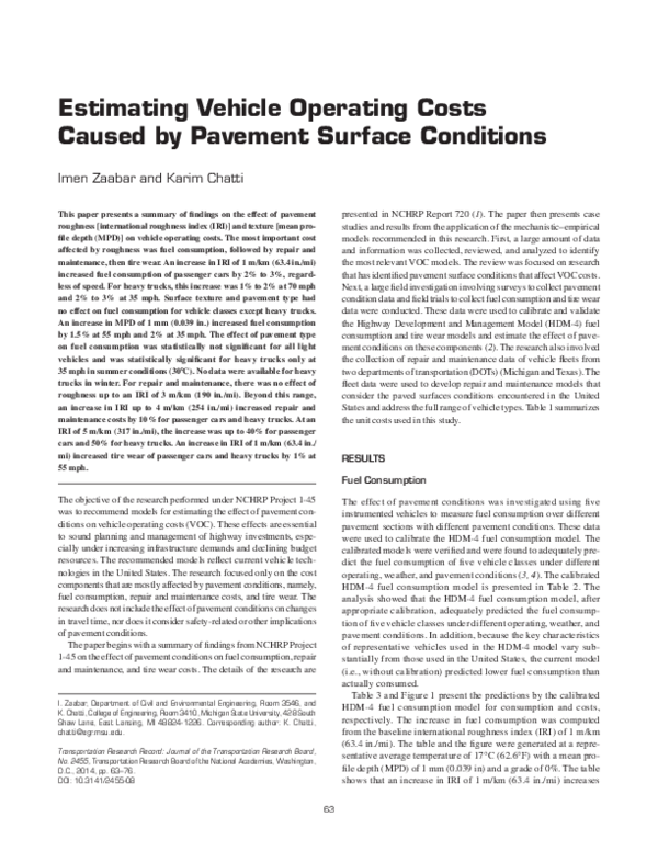 (PDF) Estimating Vehicle Operating Costs Caused by Pavement Surface ...