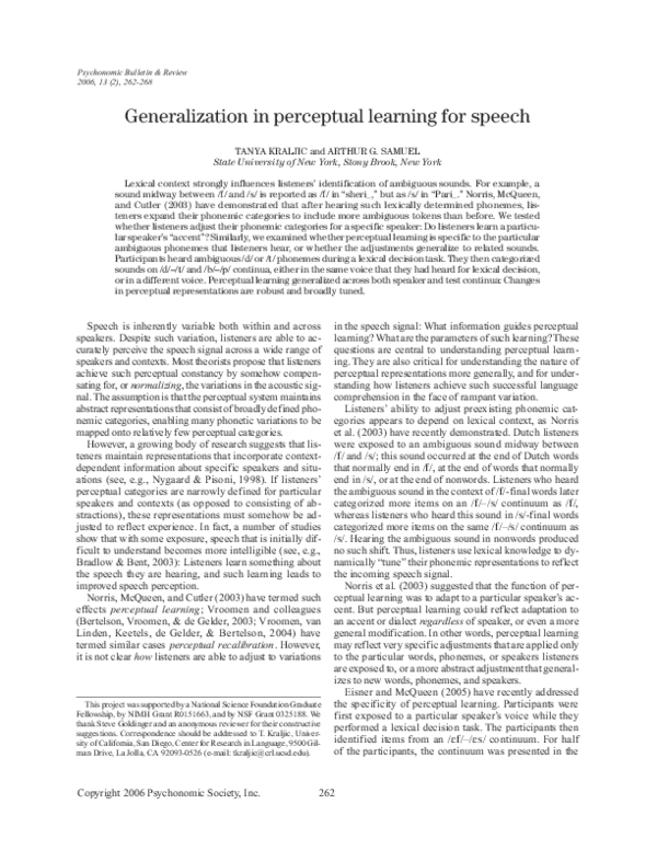 (PDF) Generalization in perceptual learning for speech