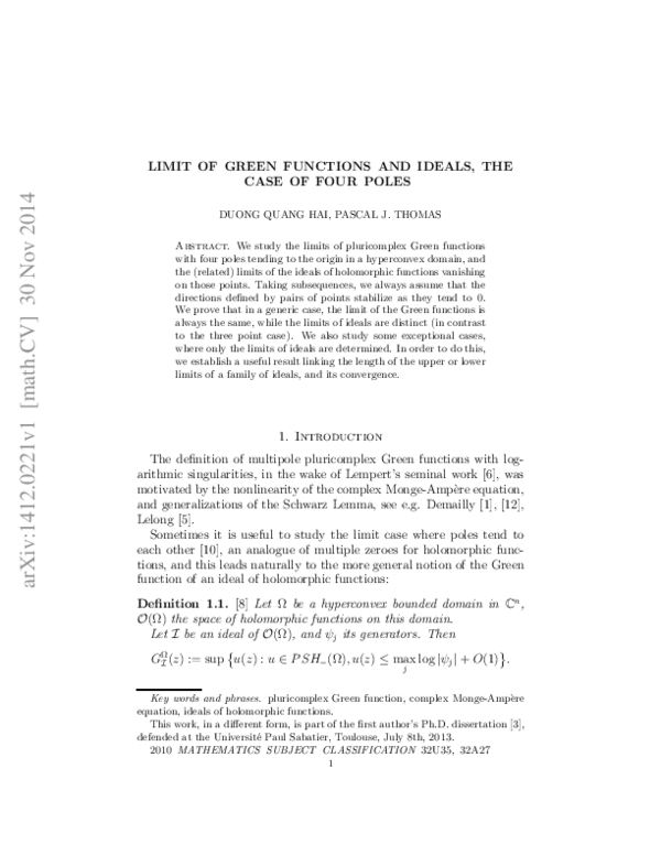 (PDF) Limit of Green Functions and Ideals, the Case of Four Poles