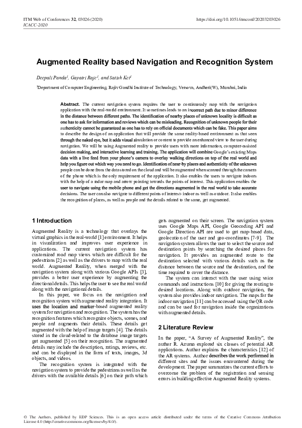 (PDF) Augmented Reality based Navigation and Recognition System | Deepali Panda - Academia.edu