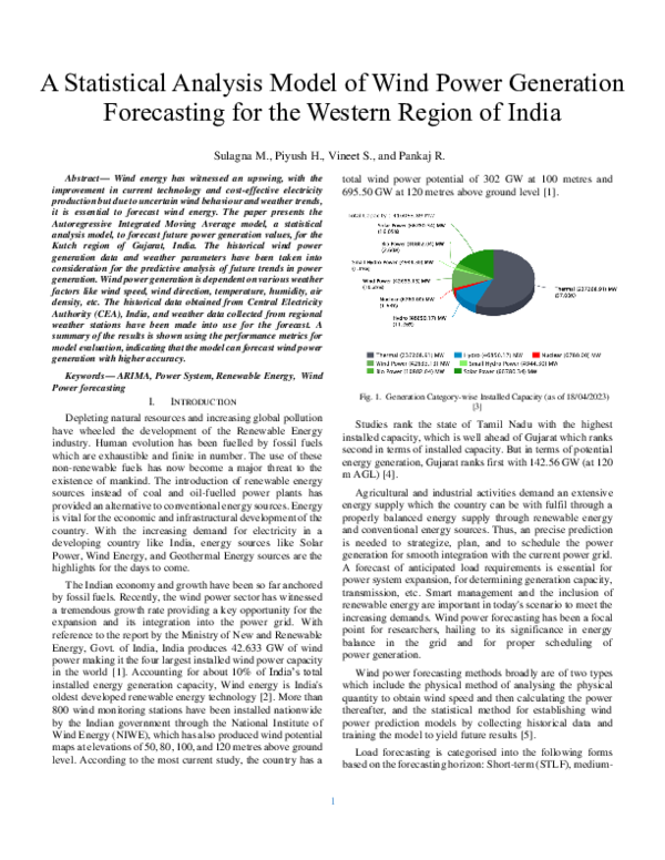 Pdf A Statistical Analysis Model Of Wind Power Generation Forecasting For Western Region Of India