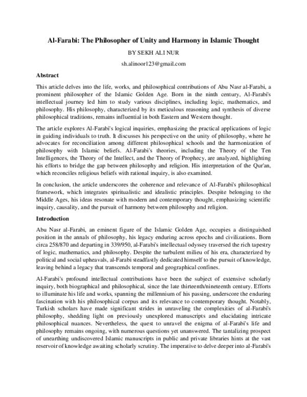 (PDF) Al-Farabi: The Philosopher of Unity and Harmony in Islamic Thought