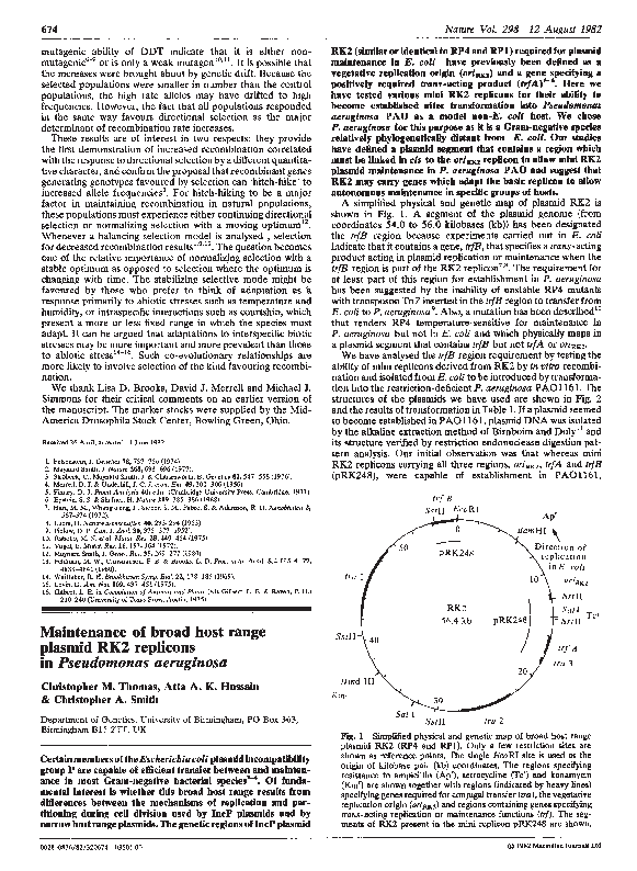 (PDF) Maintenance of broad host range plasmid RK2 replicons in ...