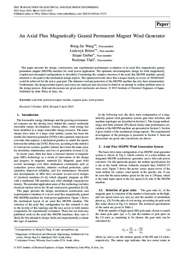 (PDF) An axial flux magnetically geared permanent magnet wind generator