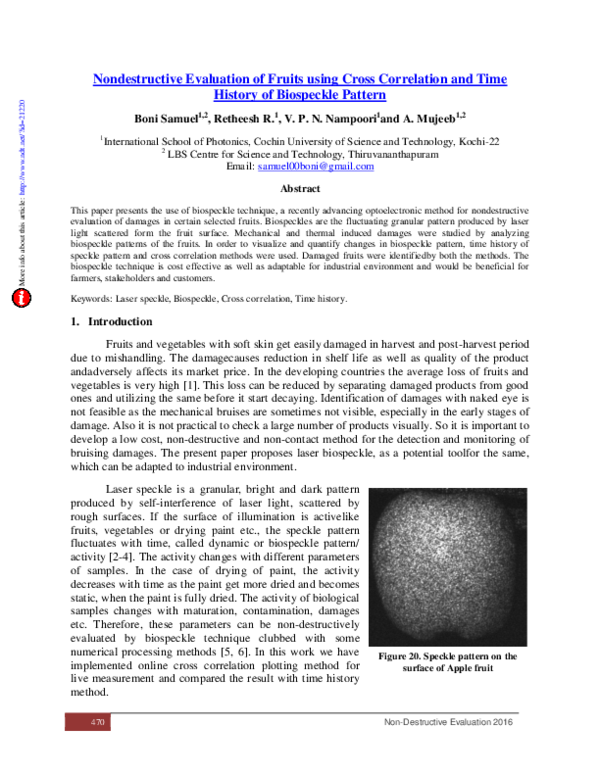 (PDF) Nondestructive Evaluation of Fruits using Cross Correlation and Time History of Biospeckle ...