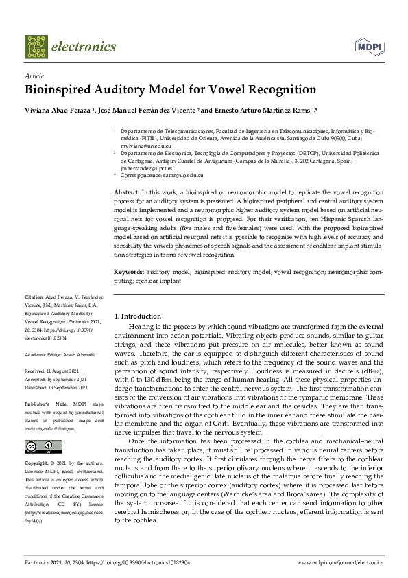 (PDF) Bioinspired Auditory Model for Vowel Recognition