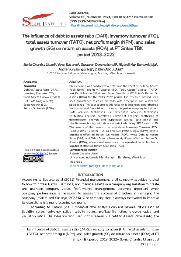 (PDF) The influence of debt to assets ratio (DAR), inventory turnover ...