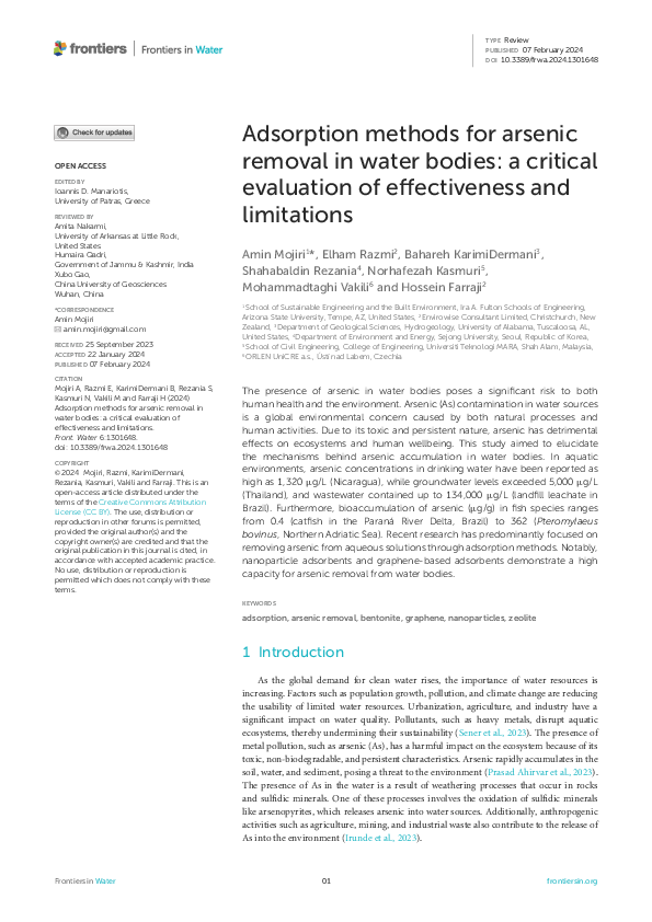 (PDF) Adsorption methods for arsenic removal in water bodies: a ...