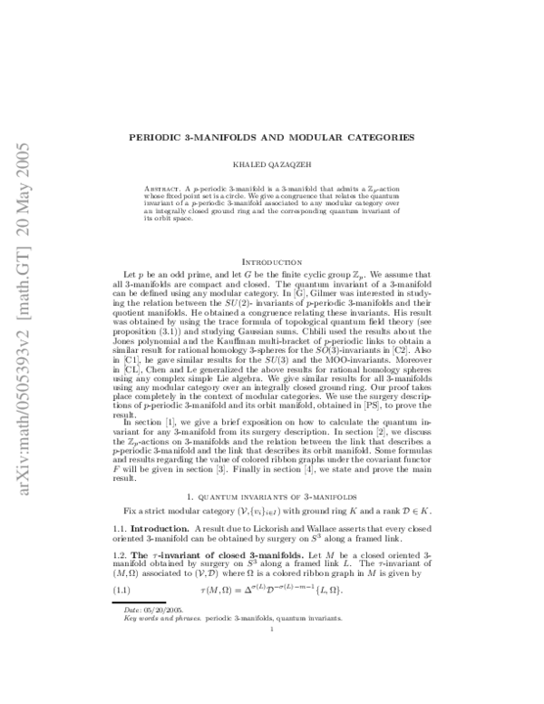 Pdf Periodic 3 Manifolds And Modular Categories