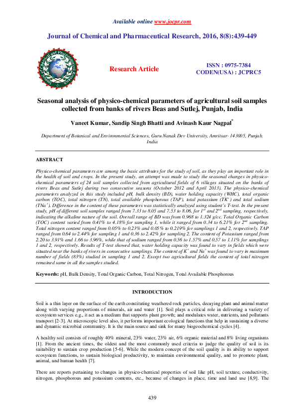(PDF) Seasonal analysis of physico-chemical parameters of agricultural ...