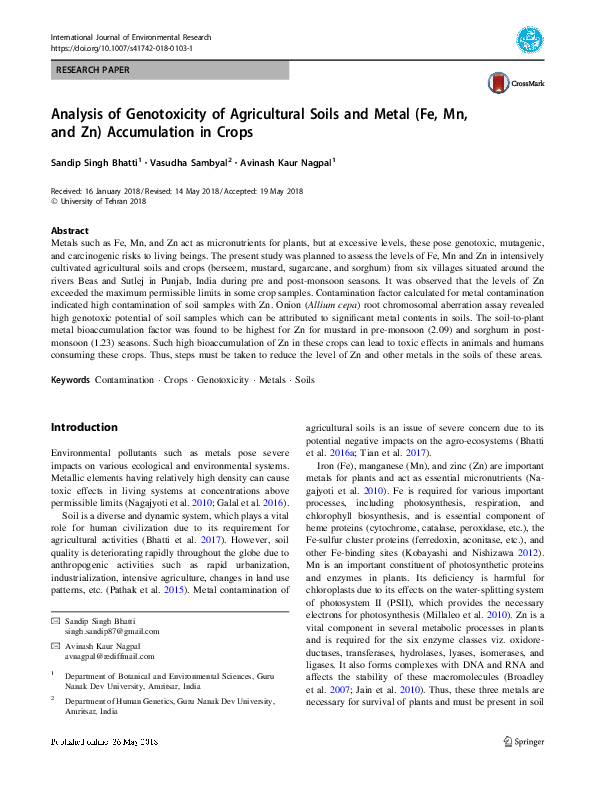 (PDF) Analysis of Genotoxicity of Agricultural Soils and Metal (Fe, Mn ...