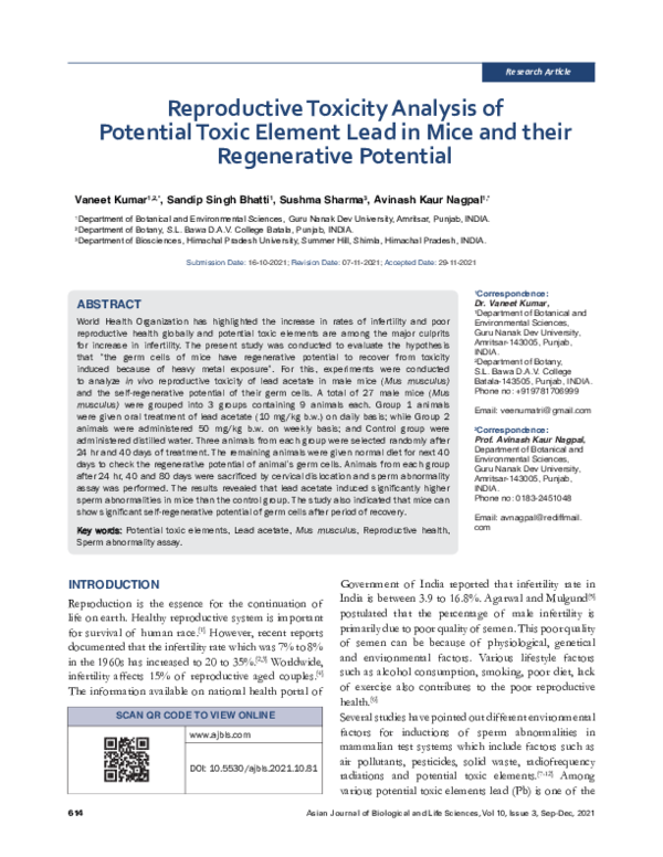 (PDF) Reproductive Toxicity Analysis of Potential Toxic Element Lead in ...