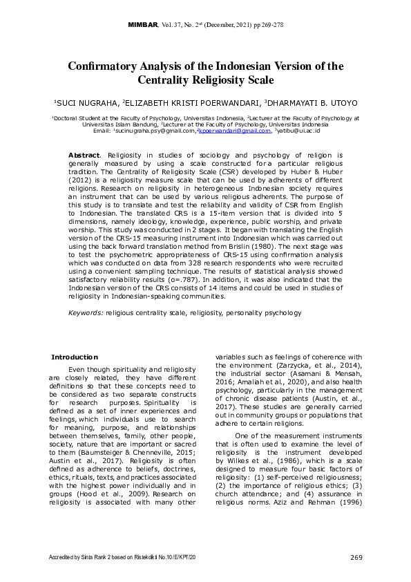 (PDF) Confirmatory Analysis of the Indonesian Version of the Centrality ...