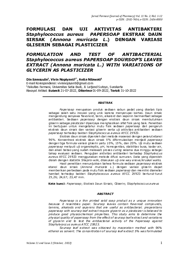(PDF) FORMULATION AND TEST OF ANTIBACTERIAL Staphylococcus aureus ...
