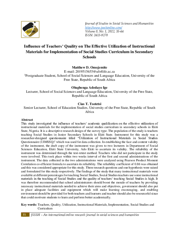(PDF) Influence of Teachers' Quality on The Effective Utilization of Instructional Materials for ...