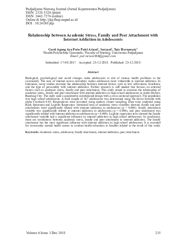 (PDF) Relationship between Academic Stress, Family and Peer Attachment with Internet Addiction ...