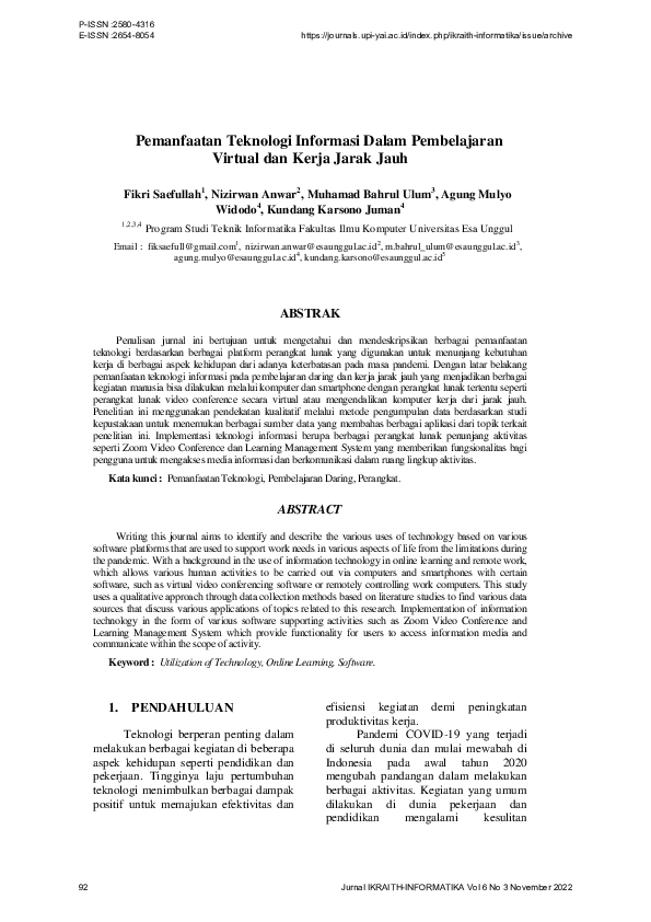 (PDF) Pemanfaatan Teknologi Informasi Dalam Pembelajaran Virtual dan Kerja Jarak Jauh | Agung ...