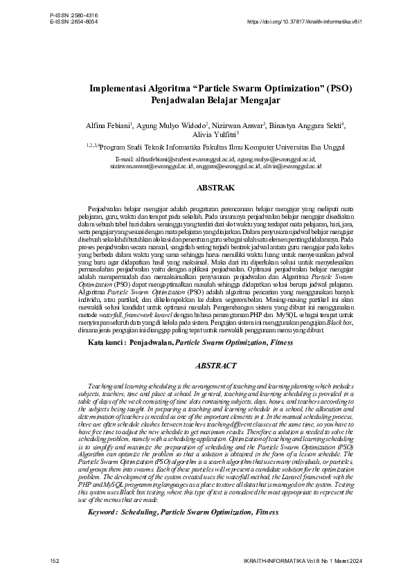 (PDF) Implementasi Algoritma “Particle Swarm Optimization” (PSO) Penjadwalan Belajar Mengajar ...