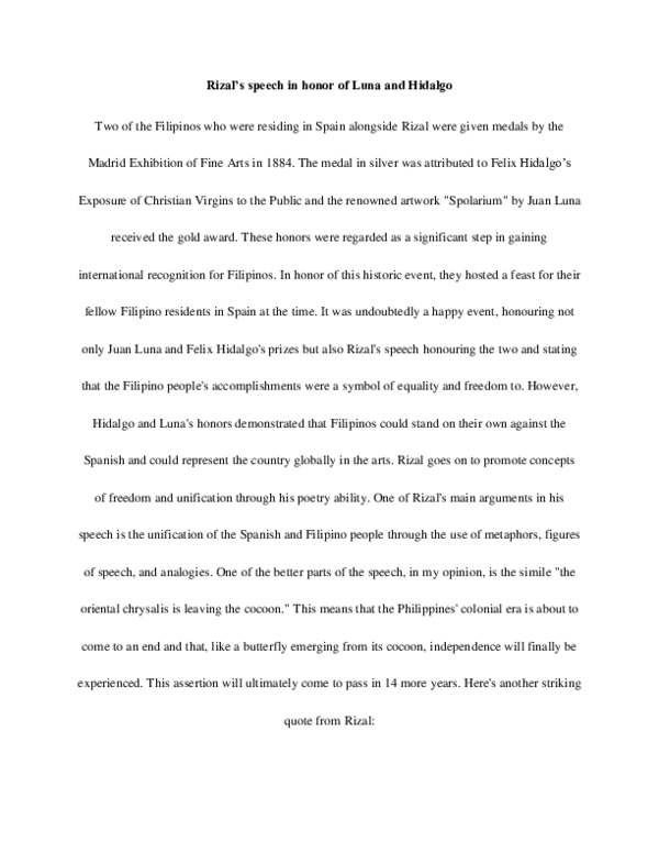 (PDF) Rizal’s speech in honor of Luna and Hidalgo | Rose Ann Nueva - Academia.edu