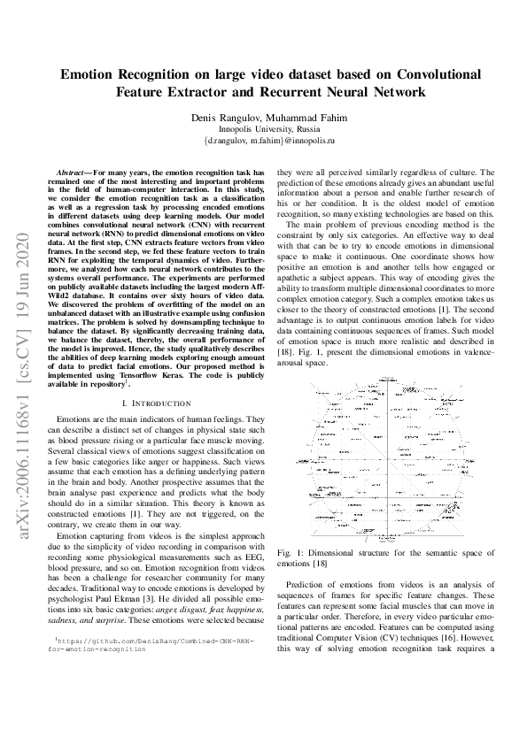 (PDF) Emotion Recognition on large video dataset based on Convolutional Feature Extractor and ...