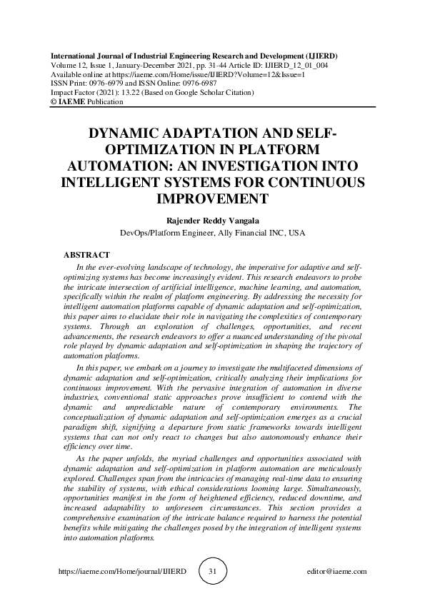 (PDF) DYNAMIC ADAPTATION AND SELFOPTIMIZATION IN PLATFORM AUTOMATION: AN INVESTIGATION INTO ...