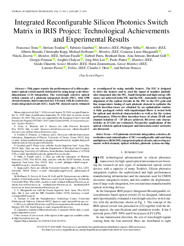(PDF) Integrated Reconfigurable Silicon Photonics Switch Matrix in IRIS Project: Technological ...