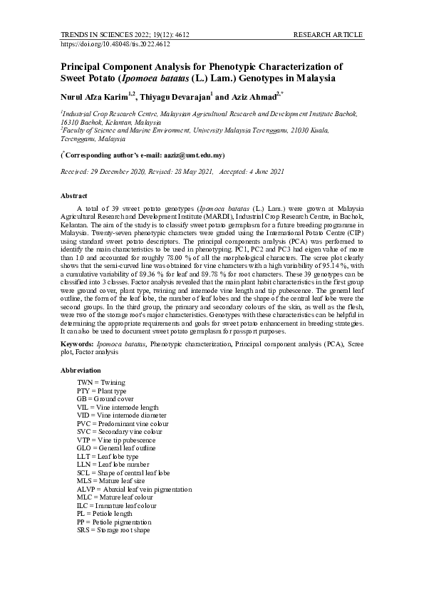 (PDF) Principal Component Analysis for Phenotypic Characterization of Sweet Potato (Ipomoea ...
