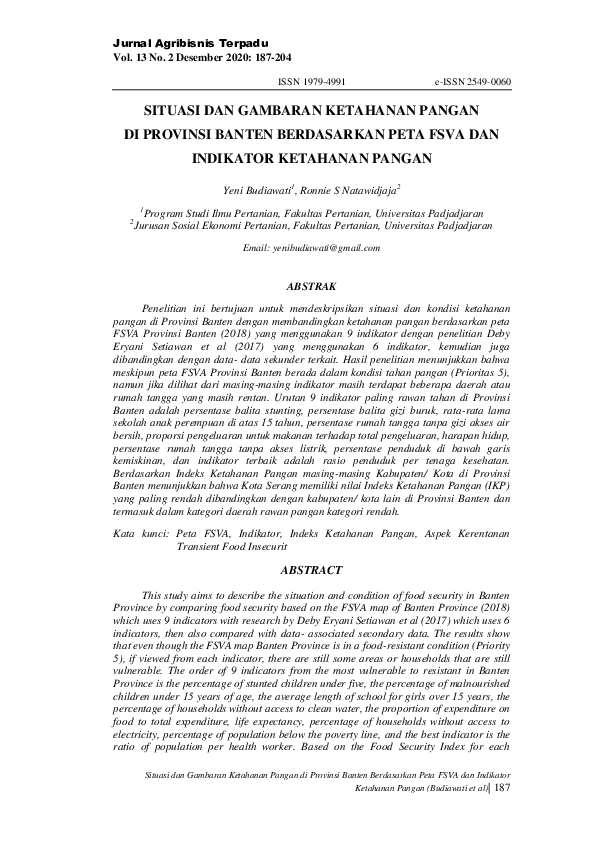 (PDF) Situasi Dan Gambaran Ketahanan Pangan di Provinsi Banten Berdasarkan Peta Fsva Dan ...