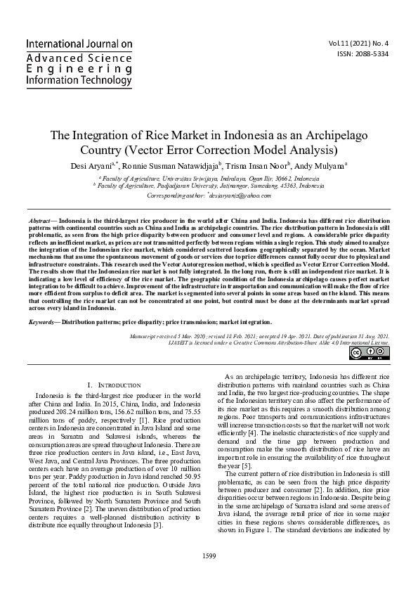 (PDF) The Integration of Rice Market in Indonesia as an Archipelago Country (Vector Error ...