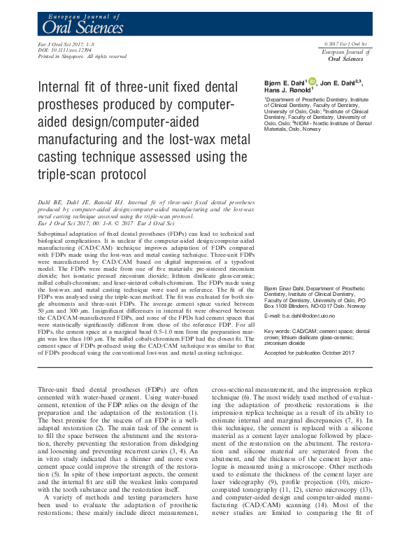 (PDF) Internal fit of three-unit fixed dental prostheses produced by ...