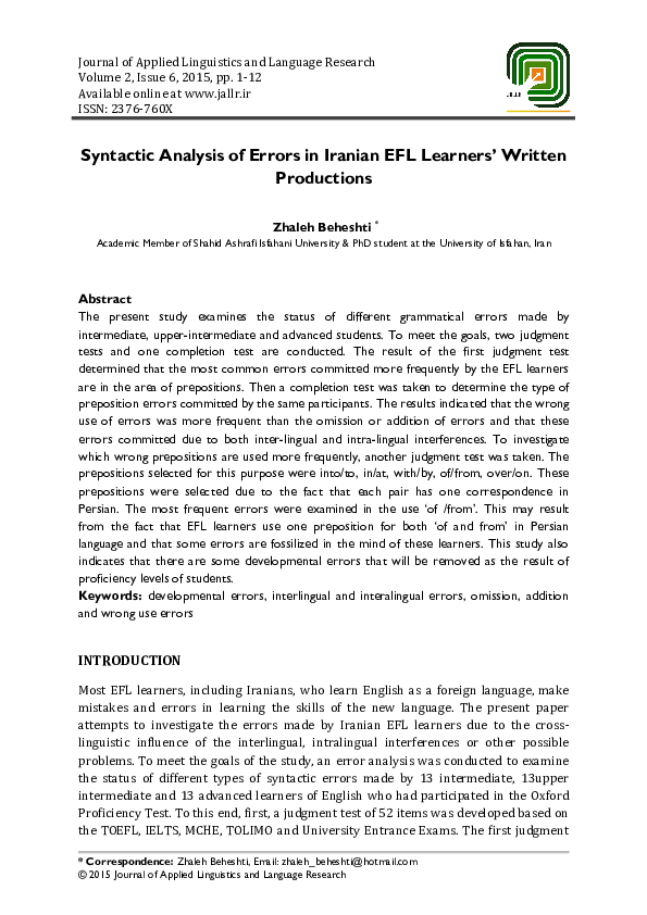 (PDF) Syntactic Analysis of Errors in Iranian EFL Learners’ Written Productions