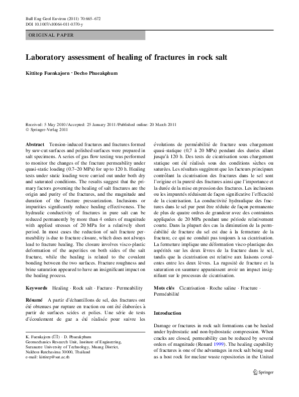 (PDF) Laboratory assessment of healing of fractures in rock salt