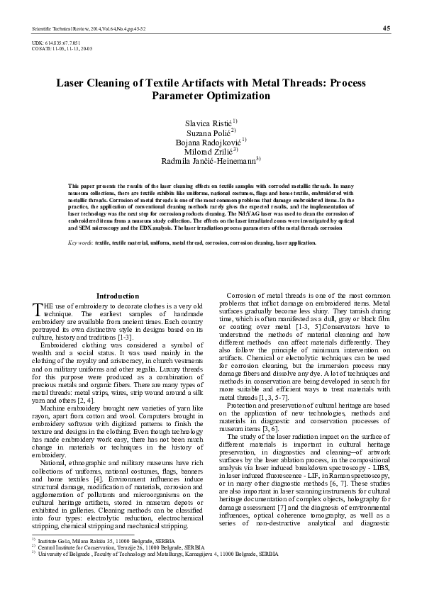(PDF) Laser Cleaning of Textile Artifacts with Metal Threads : Process Parameter Optimization