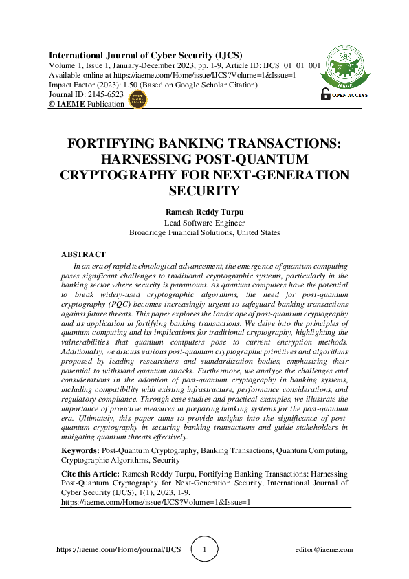 (PDF) FORTIFYING BANKING TRANSACTIONS: HARNESSING POST-QUANTUM CRYPTOGRAPHY FOR NEXT-GENERATION ...