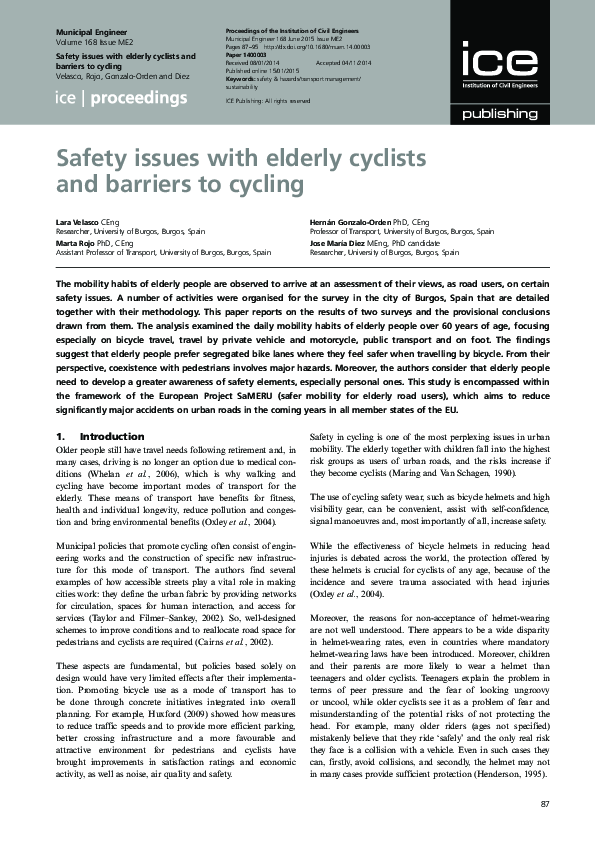 (PDF) Safety issues with elderly cyclists and barriers to cycling