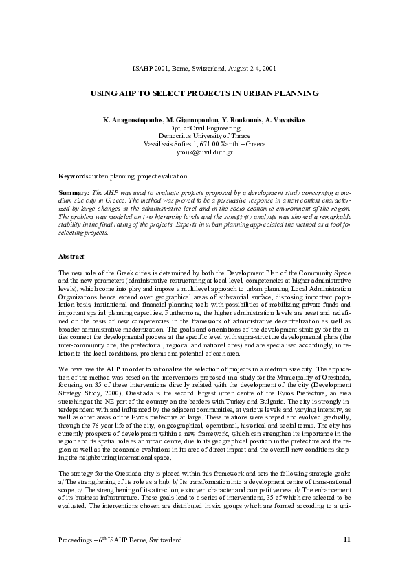 (PDF) Using AHP to Select Projects in Urban Planning