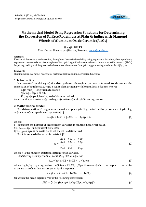 (PDF) Mathematical Model Using Regression Functions for Determining the Expression of Surface ...