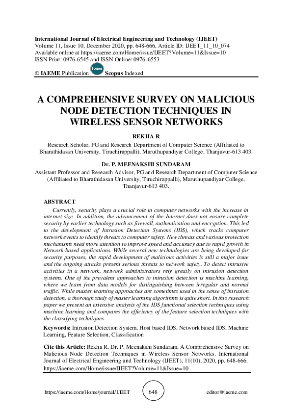 Pdf A Comprehensive Survey On Malicious Node Detection Techniques In Wireless Sensor Networks
