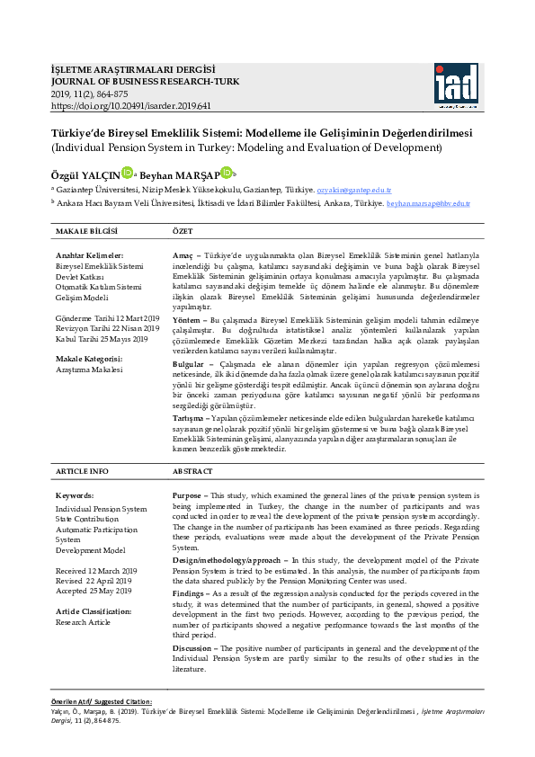 (PDF) Türkiye de Bireysel Emeklilik Sistemi: Modelleme ile Gelişiminin ...